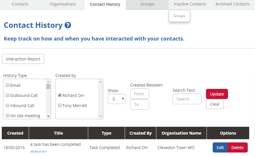Interaction Report - Contacts - InTouch